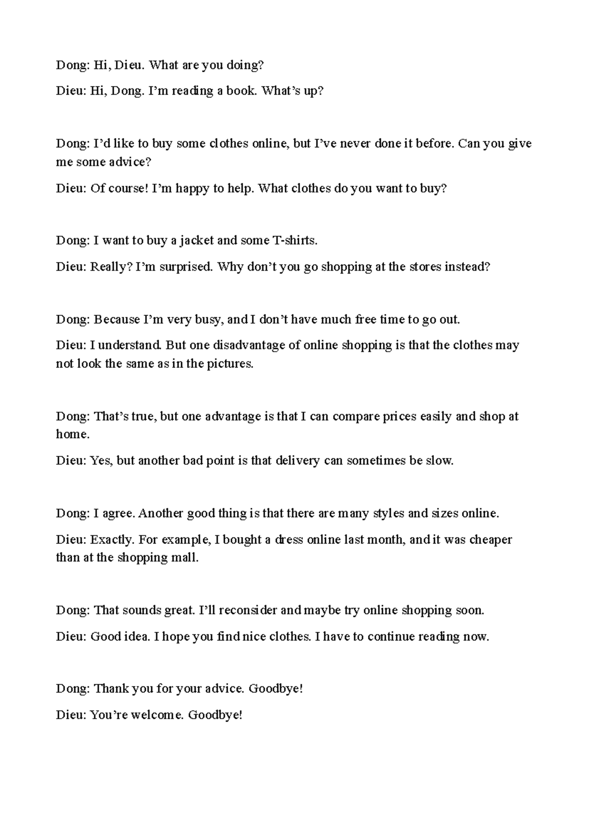 JJN: Online Shopping Advice Dialogue Between Dong and Dieu - Studocu