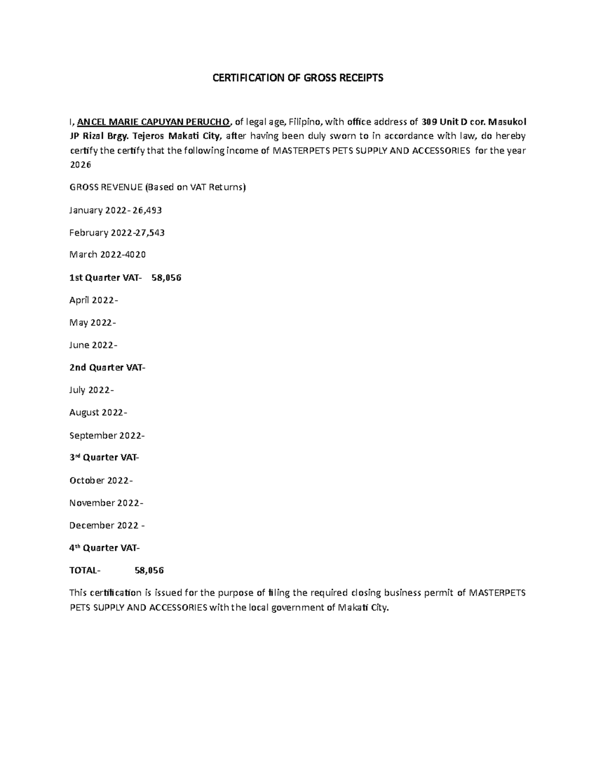 Certification of Gross Receipts for MASTERPETS 2026 - Studocu