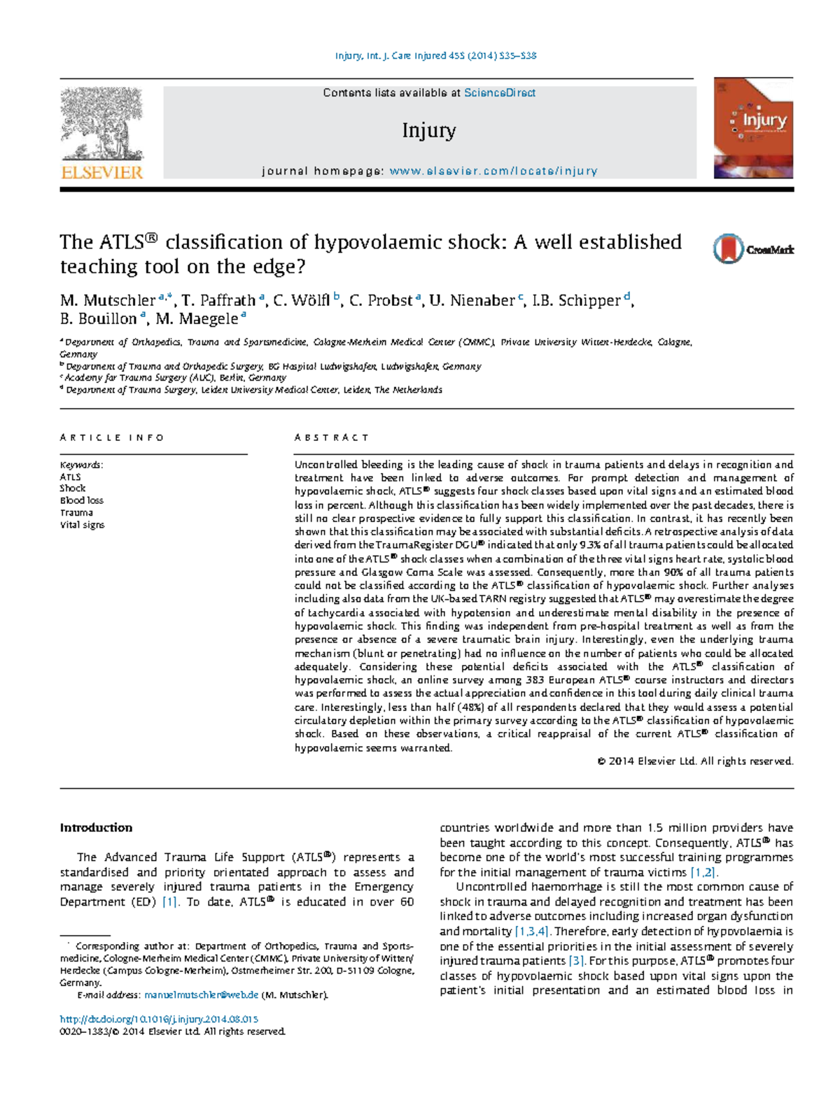Critical Reappraisal of ATLS1 Classification of Hypovolaemic Shock ...