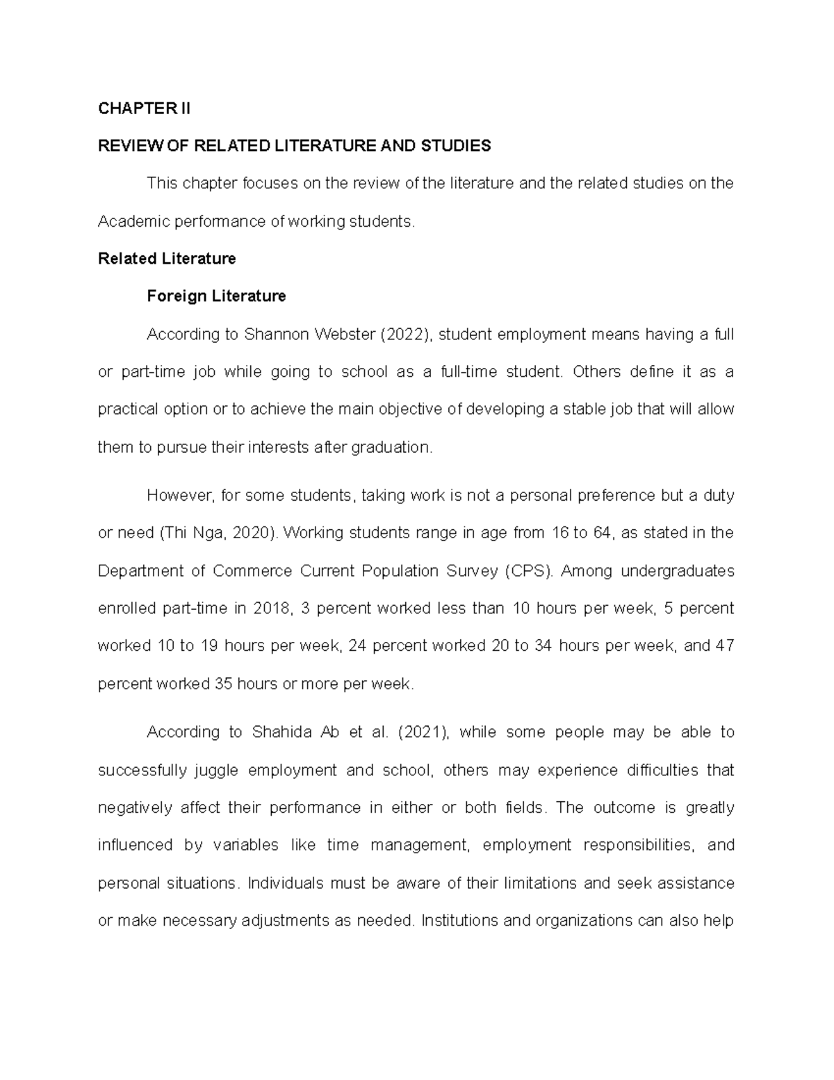 Chapter II - Review of Related Literature on Working Students - Studocu