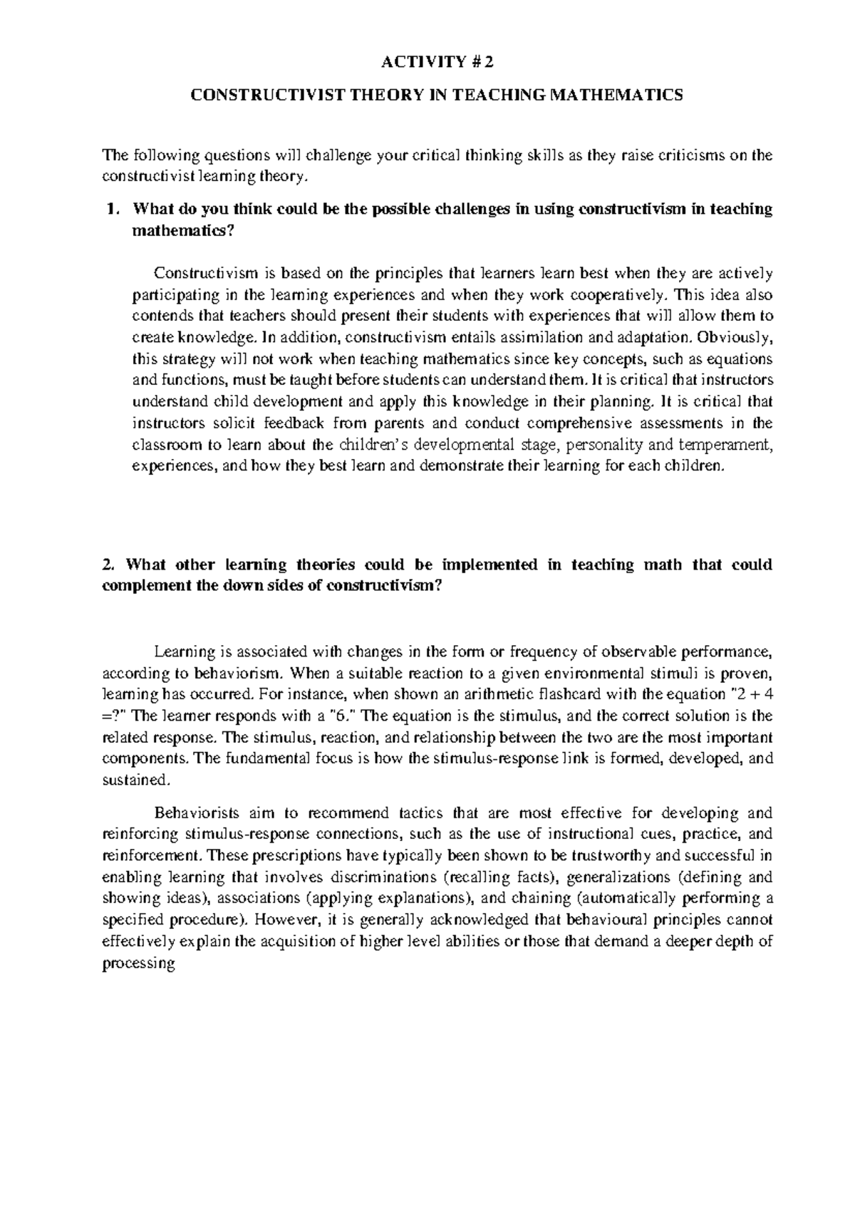 Constructivist Theory In Teaching Mathematics Activity 2 Constructivist Theory In Teaching