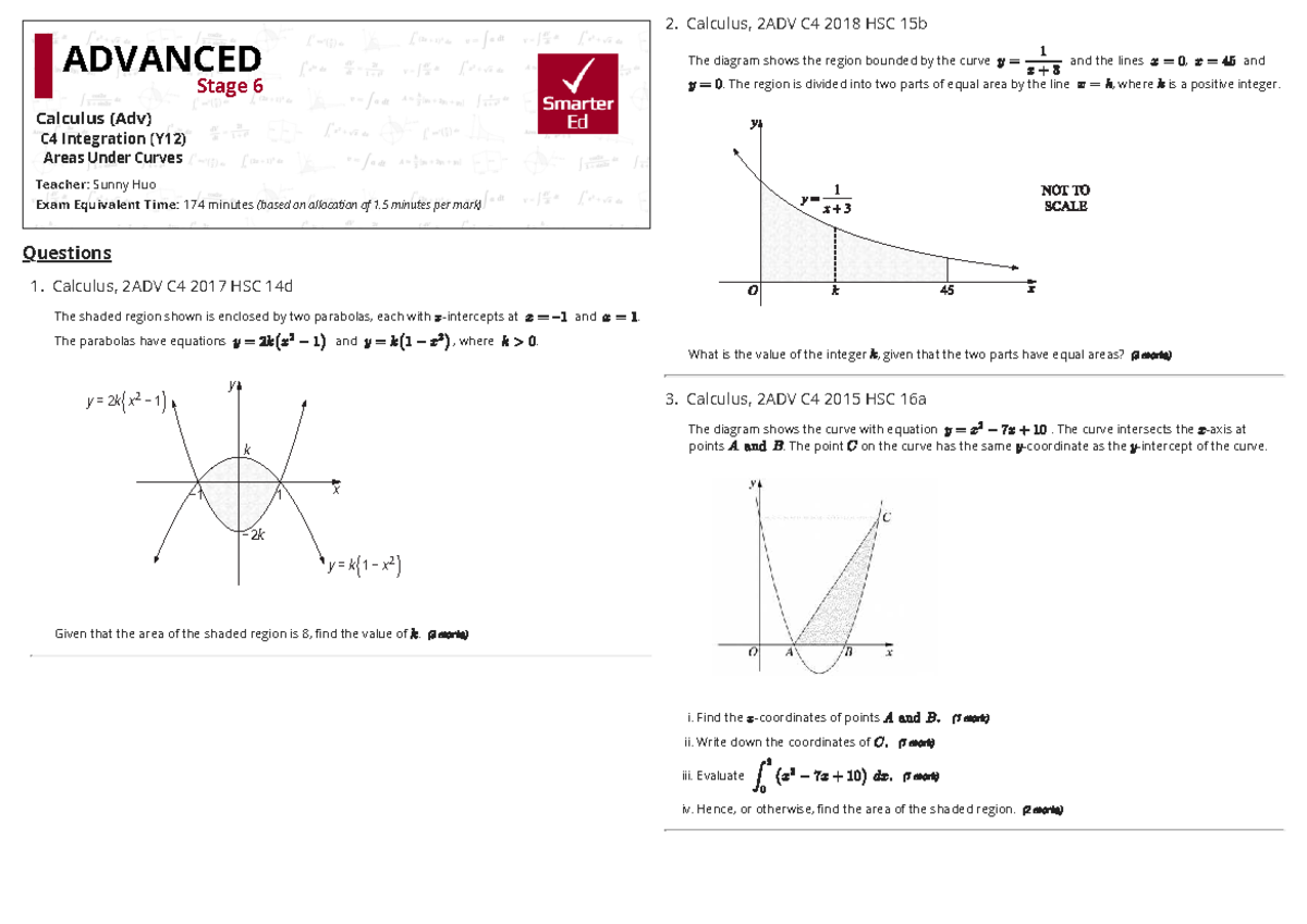 Areas Under Curves - Past Questions for Calculus 2ADV C4 - Studocu