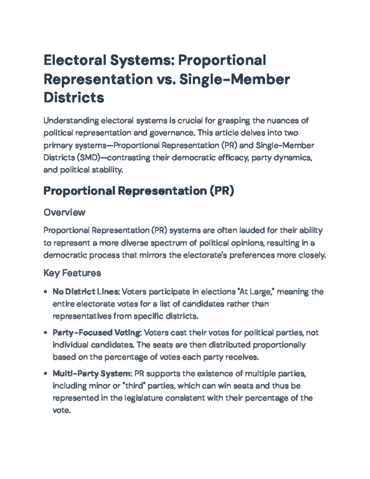 Examining Electoral Systems: PR vs. SMD Dynamics in Governance ...