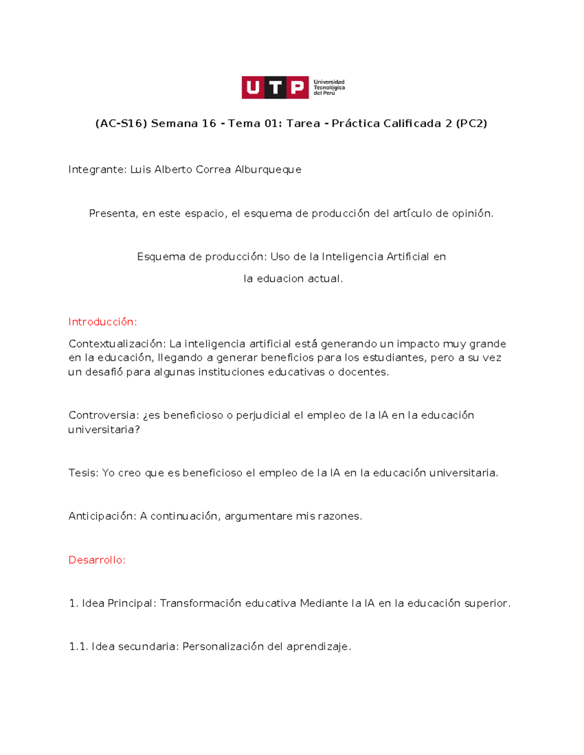 (AC-S16) Semana 16 - Tarea Práctica Calificada 2: IA en Educación - Studocu