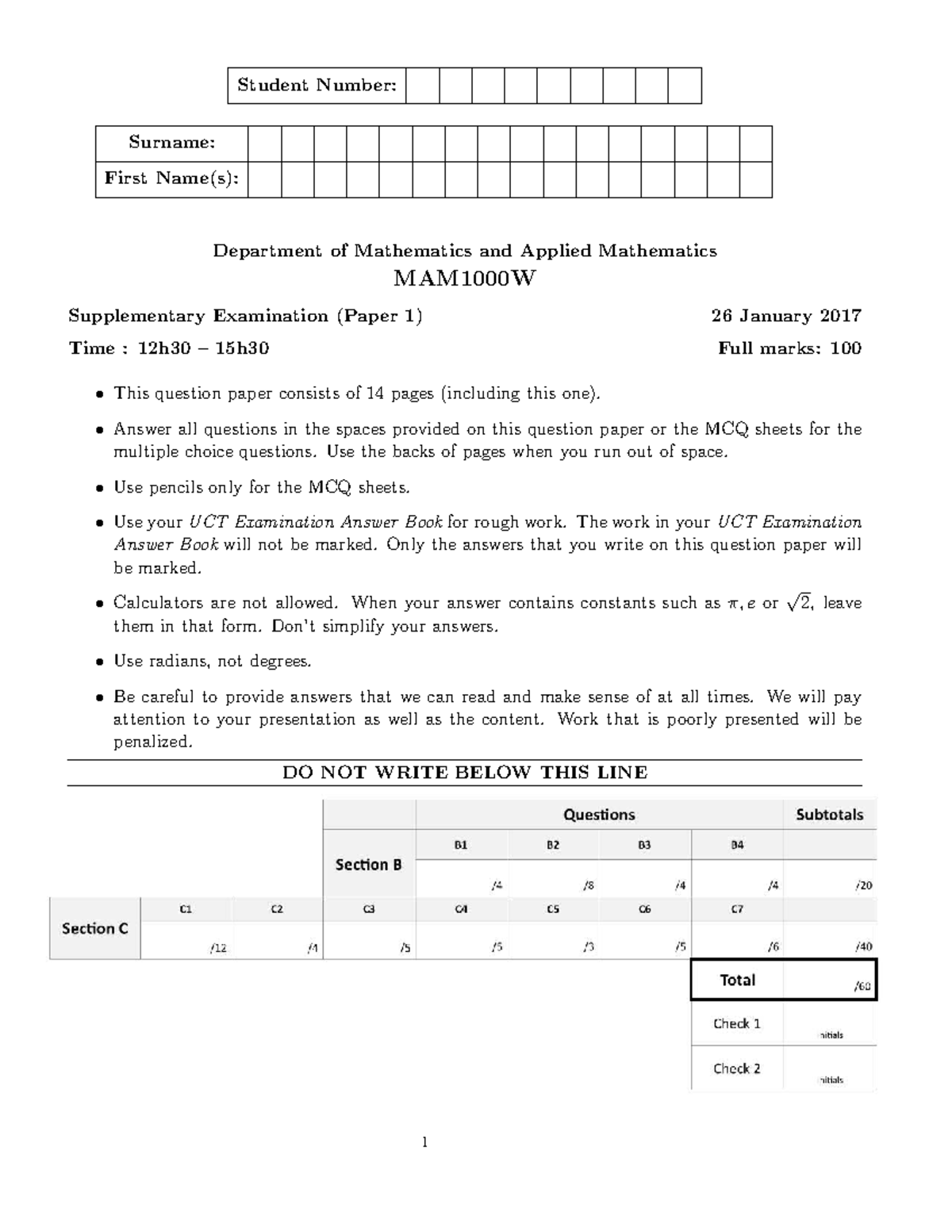 Supplementary Exam Paper 1 Solutions - Mathematics 2016 - Studocu