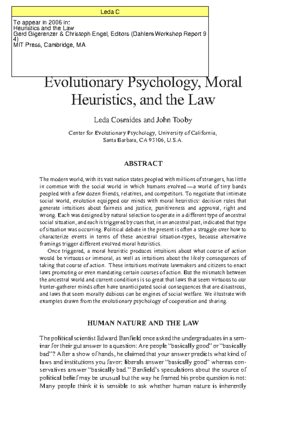 Evolutionary Psychology, Moral Heuristics and Law - Cosmides and Tooby ...