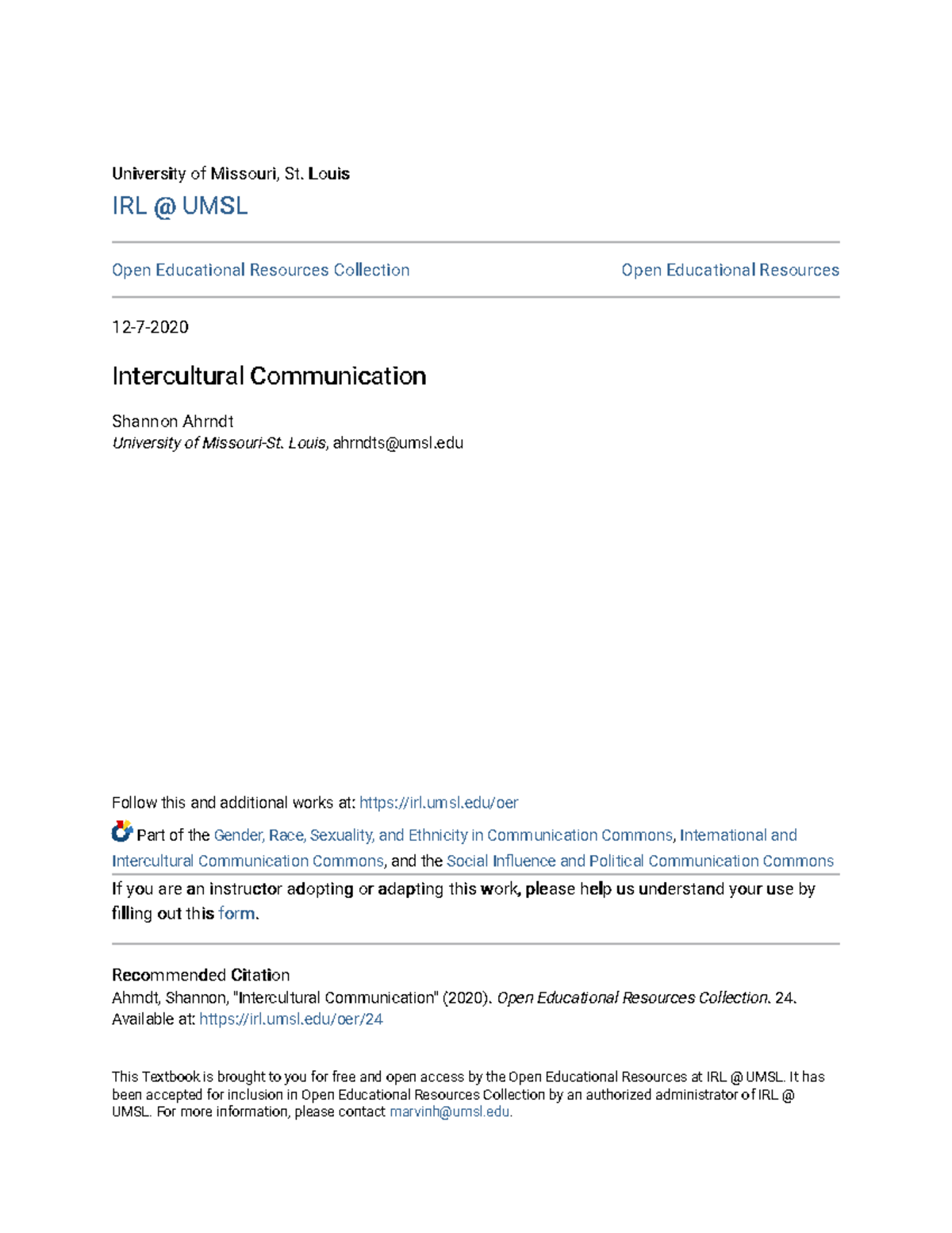 Intercultural Communication - University of Missouri, St ...