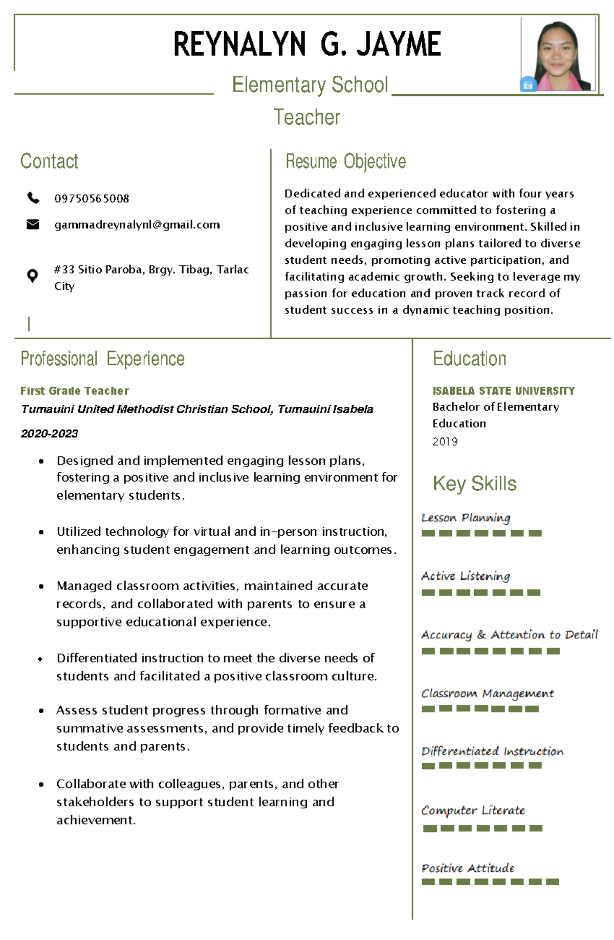 Resume of Reynalyn G. Jayme - Elementary Teacher Application - Studocu