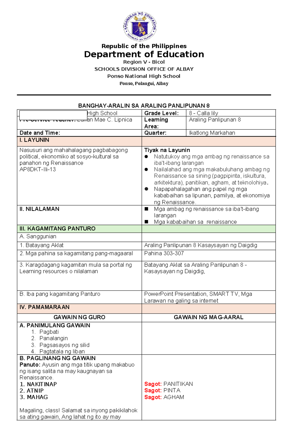 DLP - Mga ambag sa iba't-ibang larangan sa renaissance - Republic of ...