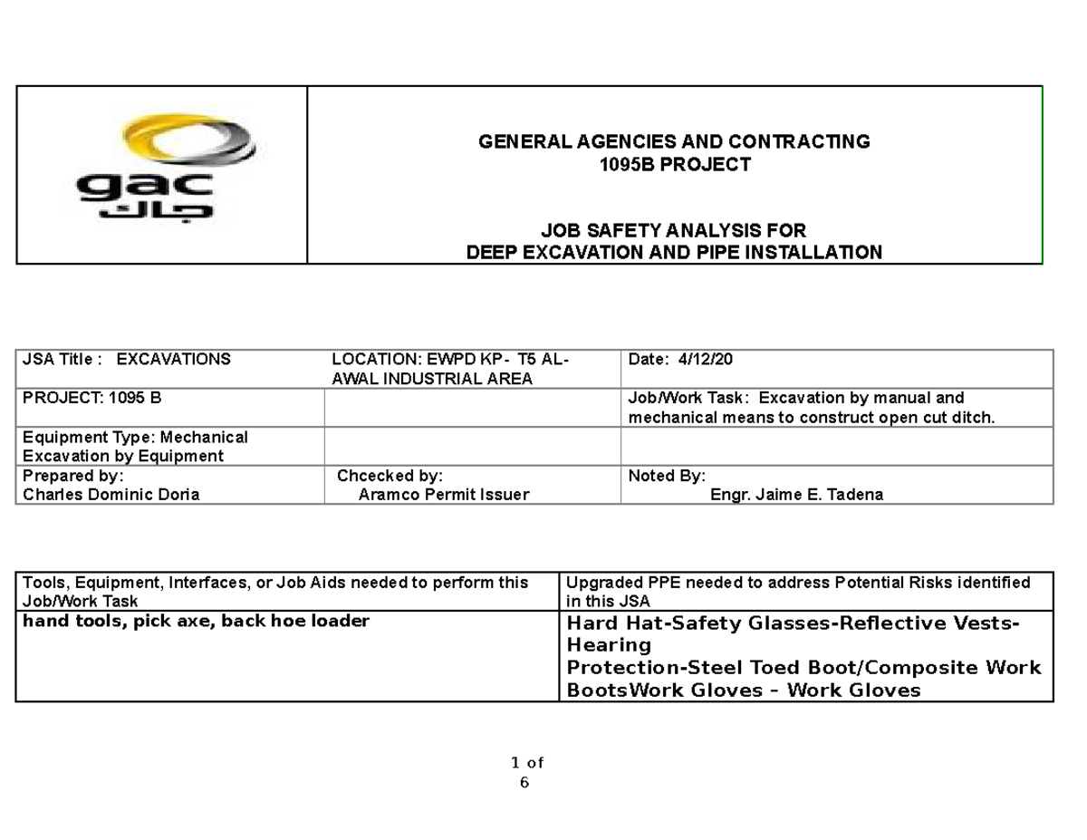 Job Safety Analysis (JSA) for Excavation - Aramco 1095B Project - Studocu