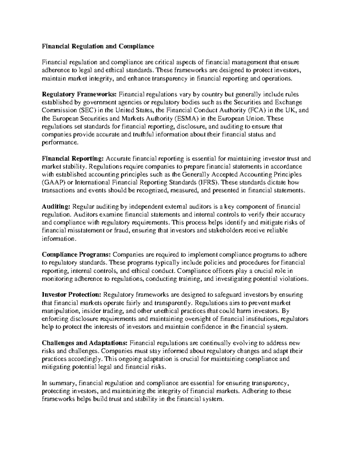 Financial Regulation & Compliance: Frameworks and Best Practices - Studocu