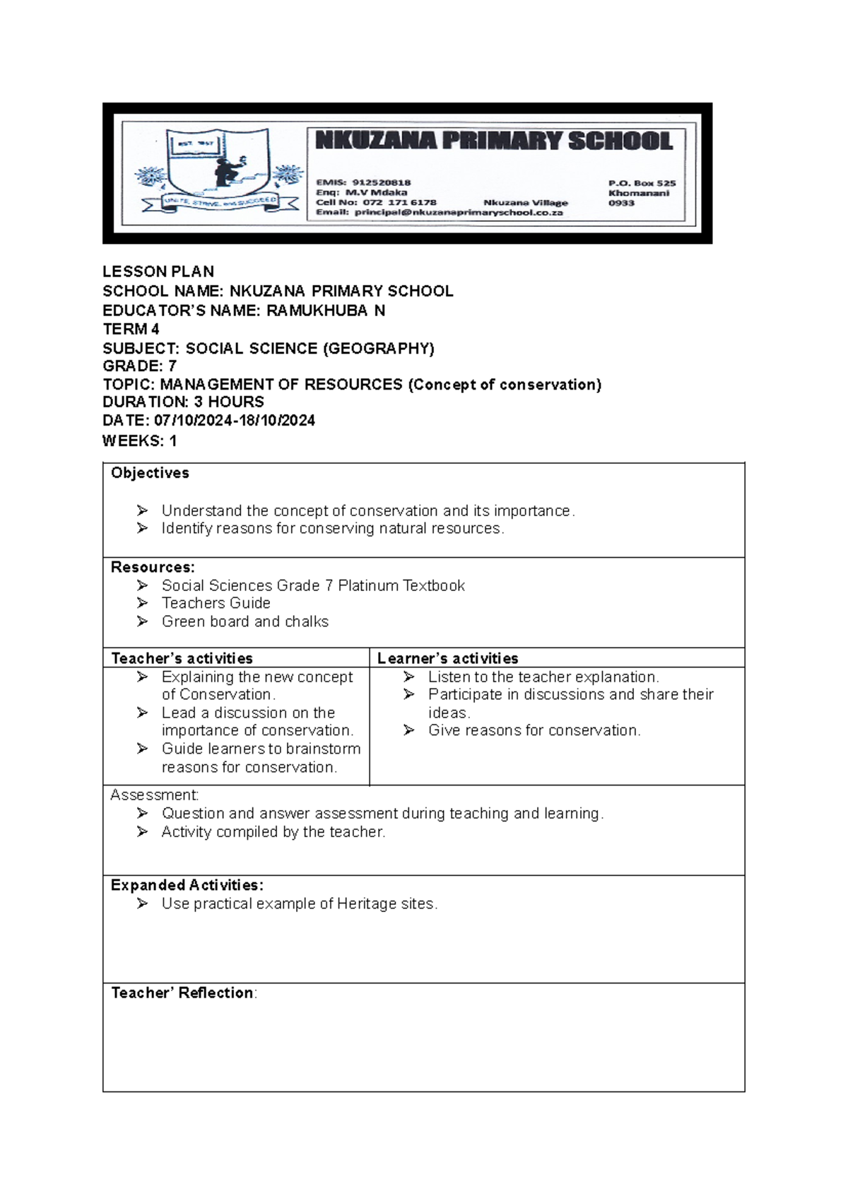 GEO Lessson PLAN Grade 7 WEEK 2 - LESSON PLAN SCHOOL NAME: NKUZANA ...
