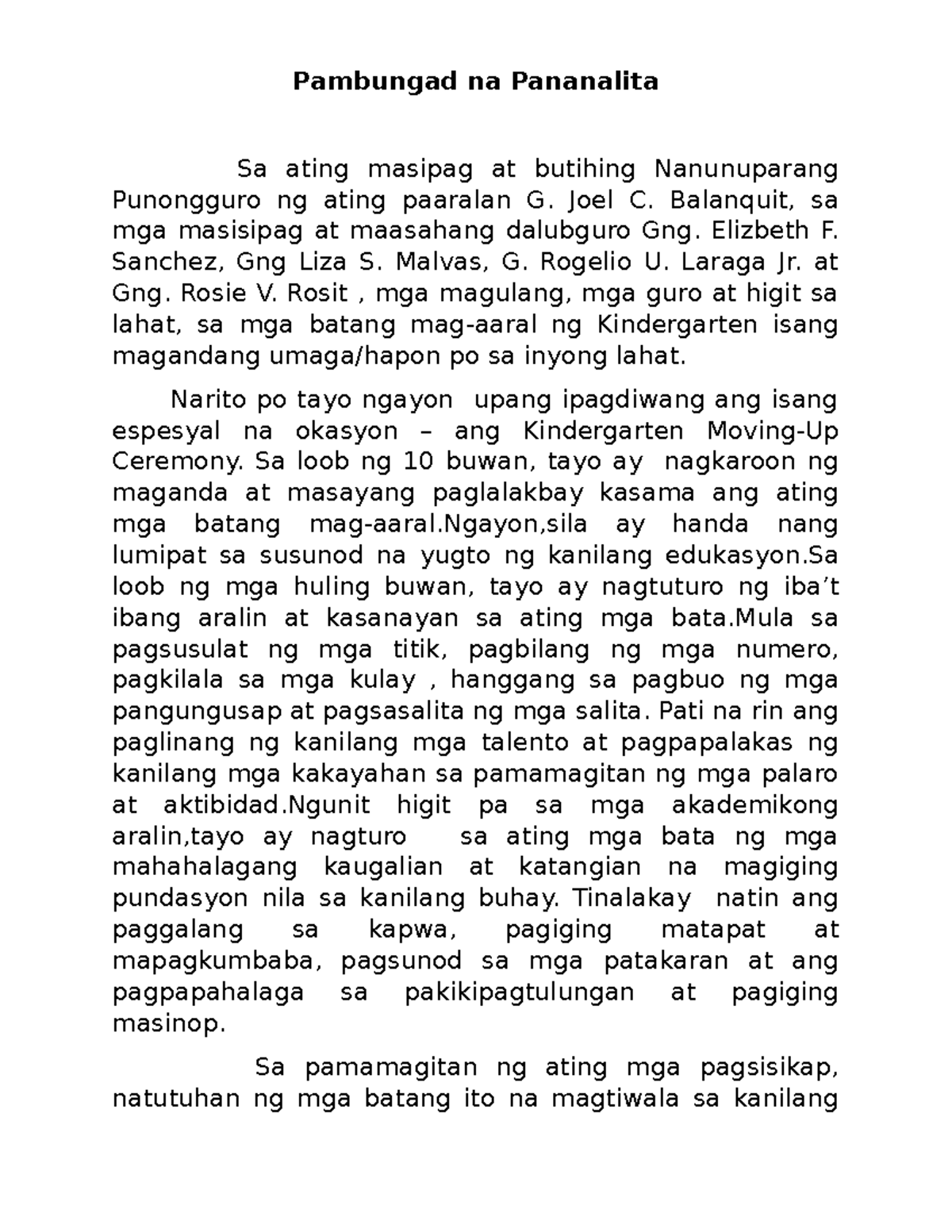 Kindergarten Pambungad NA Pananalita - Pambungad na Pananalita Sa ating ...