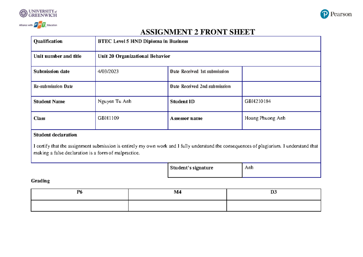 Assignment 2 5064 - ASSIGNMENT 2 FRONT SHEET Qualification BTEC Level 5 HND Diploma in Business ...