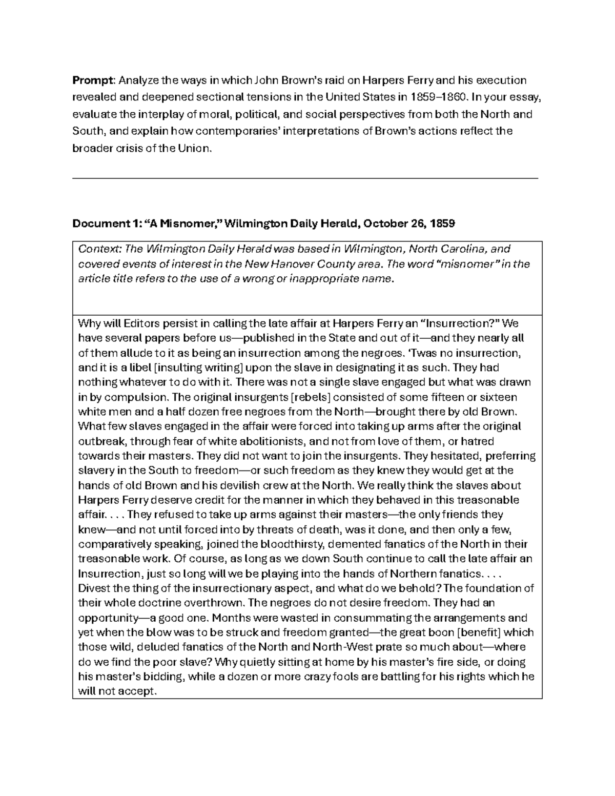 John Brown DBQ: Analyzing the Harpers Ferry Raid and Its Impact on ...