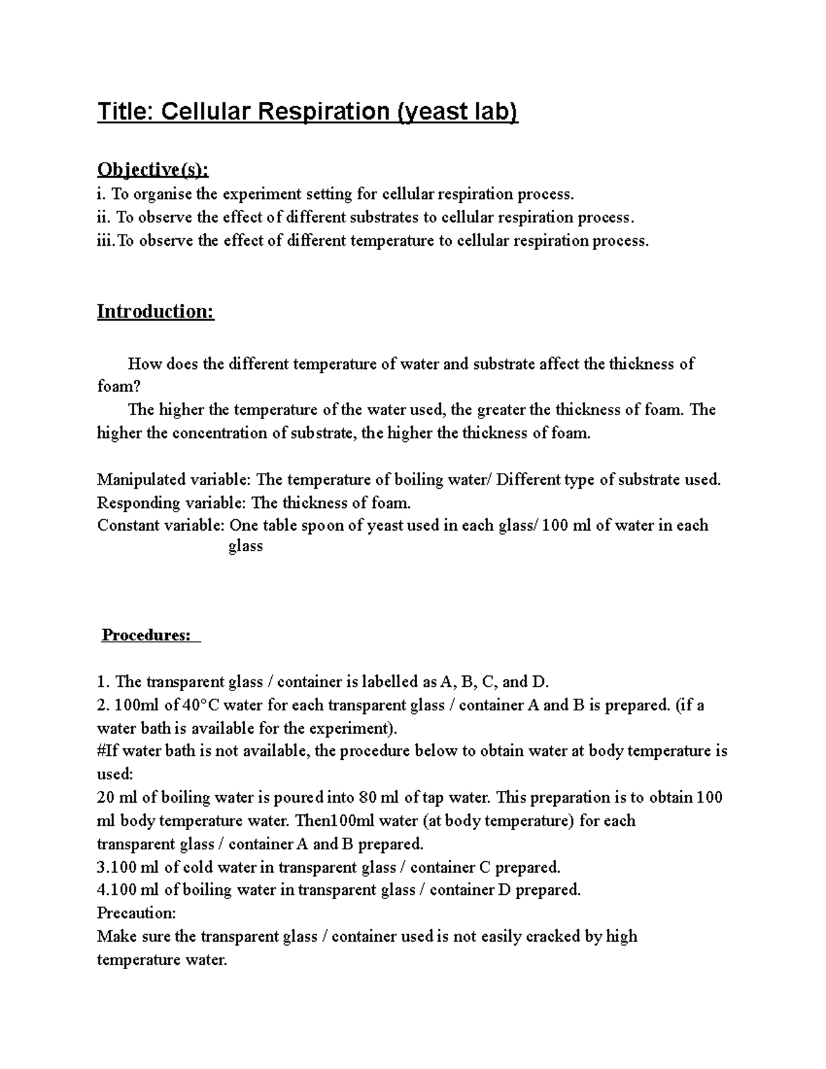 Experiment 10: Yeast Lab - Cellular Respiration Analysis and Results ...