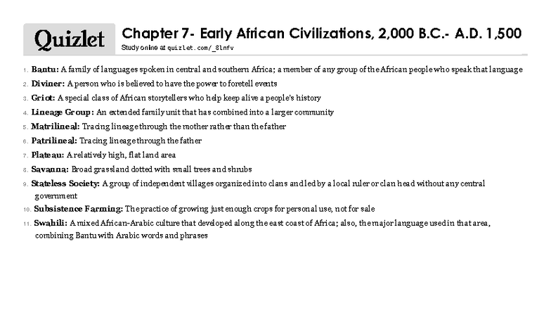 Ch. 7 Glencoe Vocabulary: Early African Civilizations Insights - Studocu