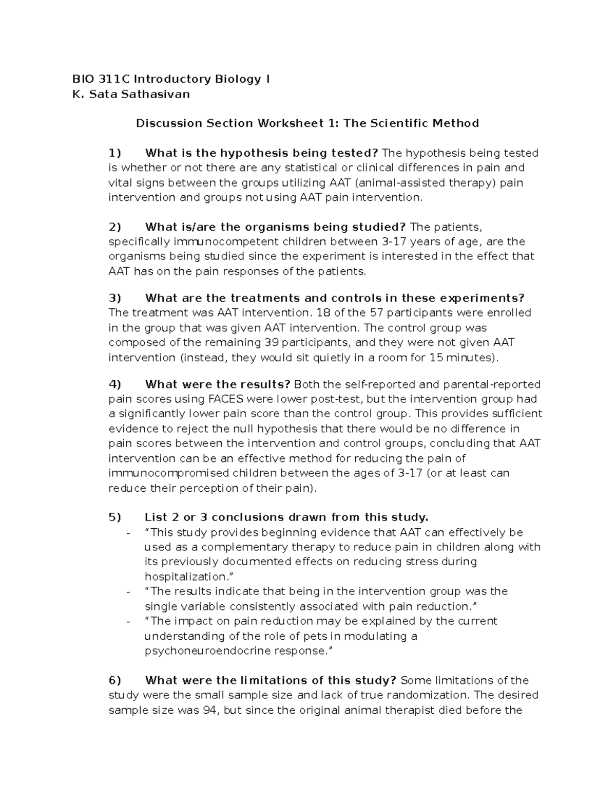 Discussion Worksheet 1 - BIO 311C Introductory Biology I K. Sata ...