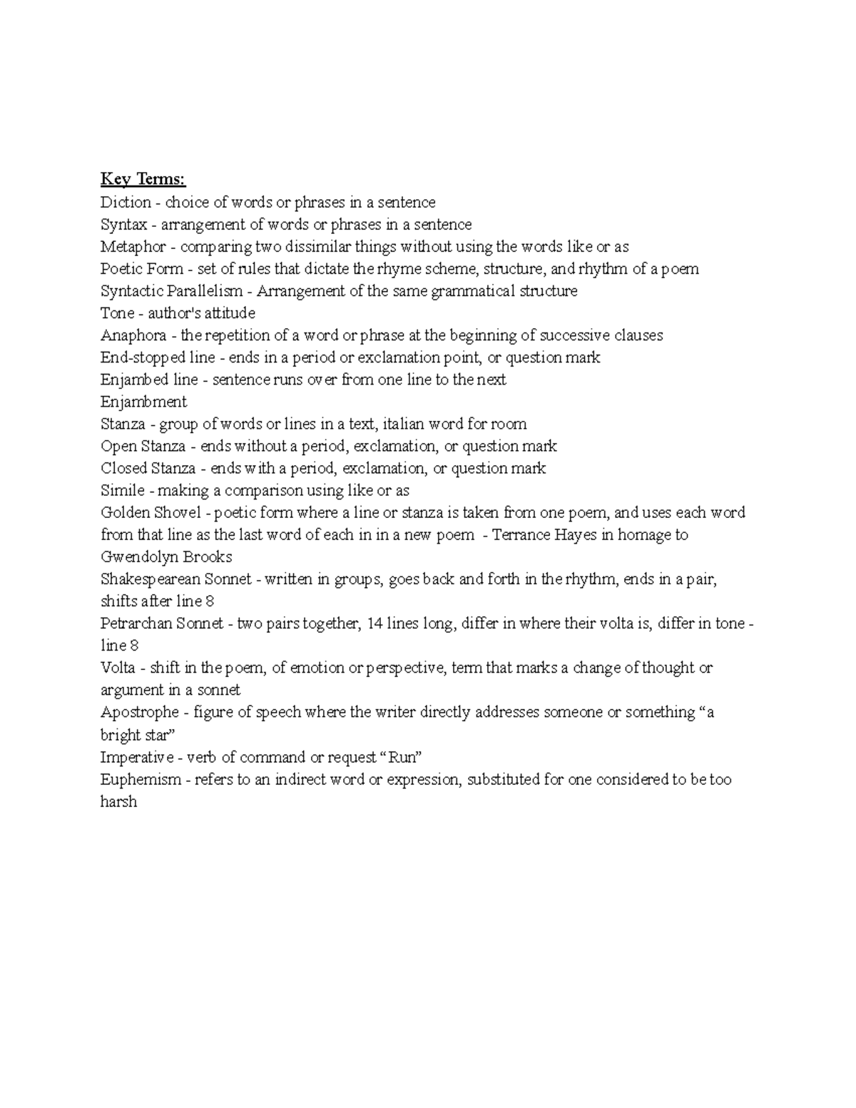 Literature Key Terms - Key Terms: Diction - choice of words or phrases ...