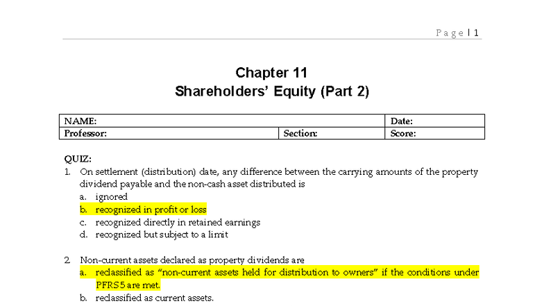Chapter 11: Equity (Part 2) Quiz Notes for Shareholders' Equity - Studocu