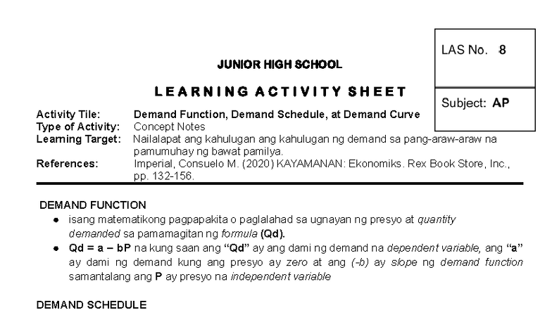 JHS ECON 101: Demand Function, Schedule & Curve Concept Notes - Studocu