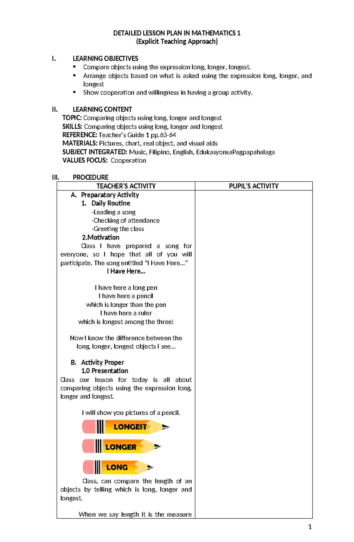 Explicit Lesson Plan on Comparing Lengths in Math (Grade 1) - Studocu