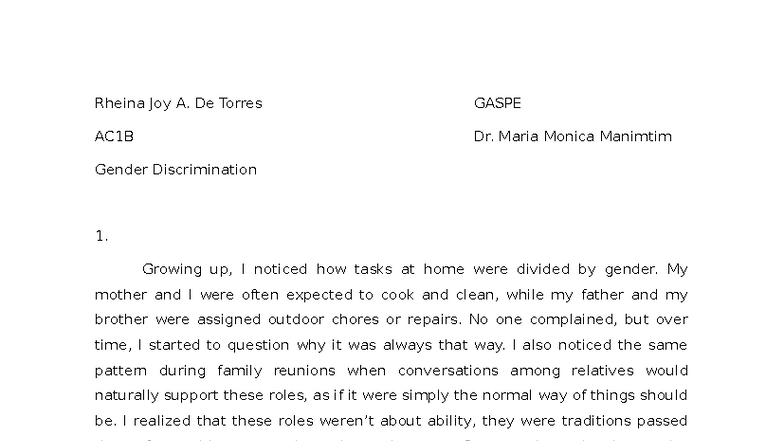 GASPE AC1B - Lecture on Gender Discrimination and Roles - Studocu