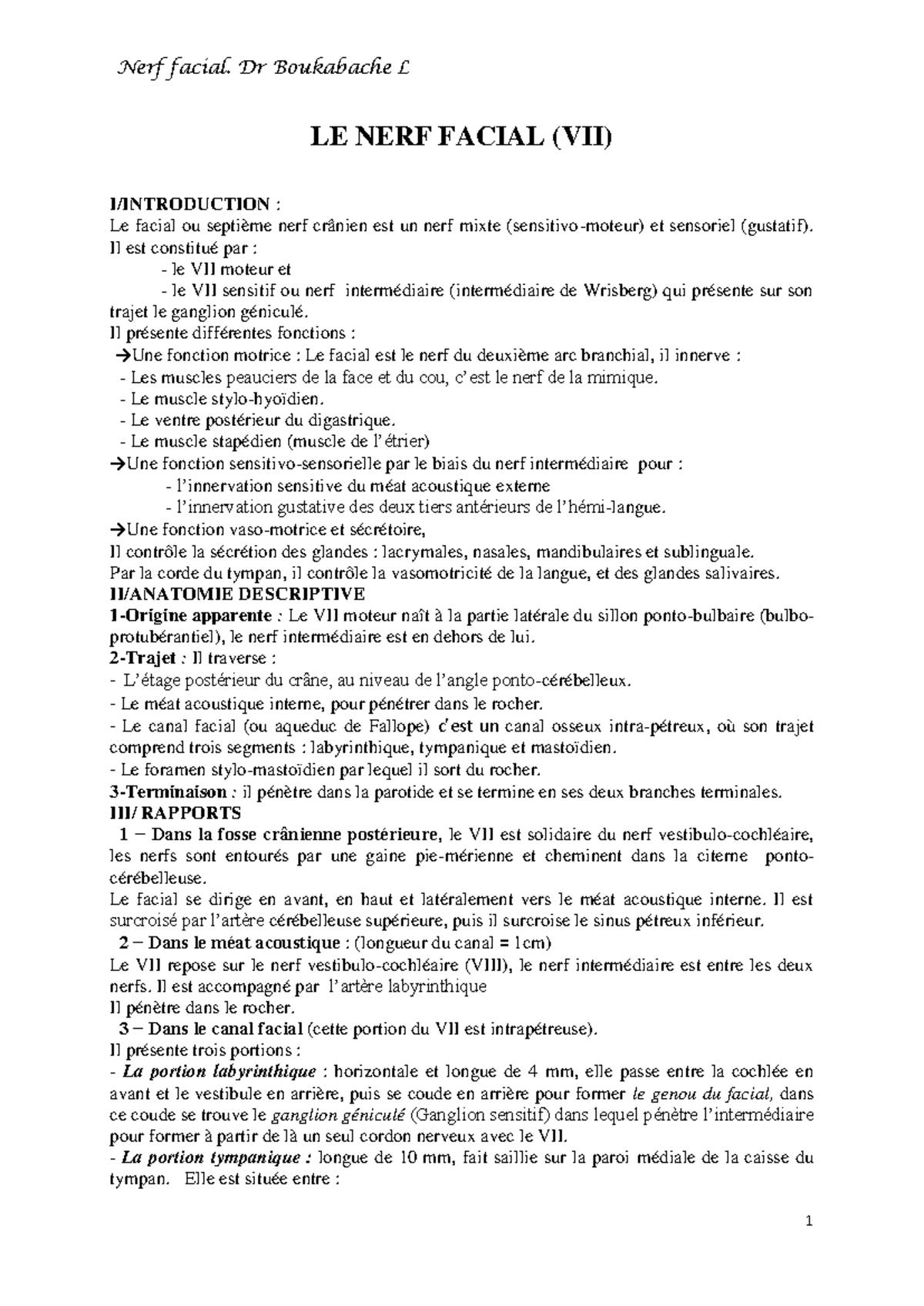 Anatomie du Nerf Facial (VII) - Cours de Dr Boukabache L - Studocu