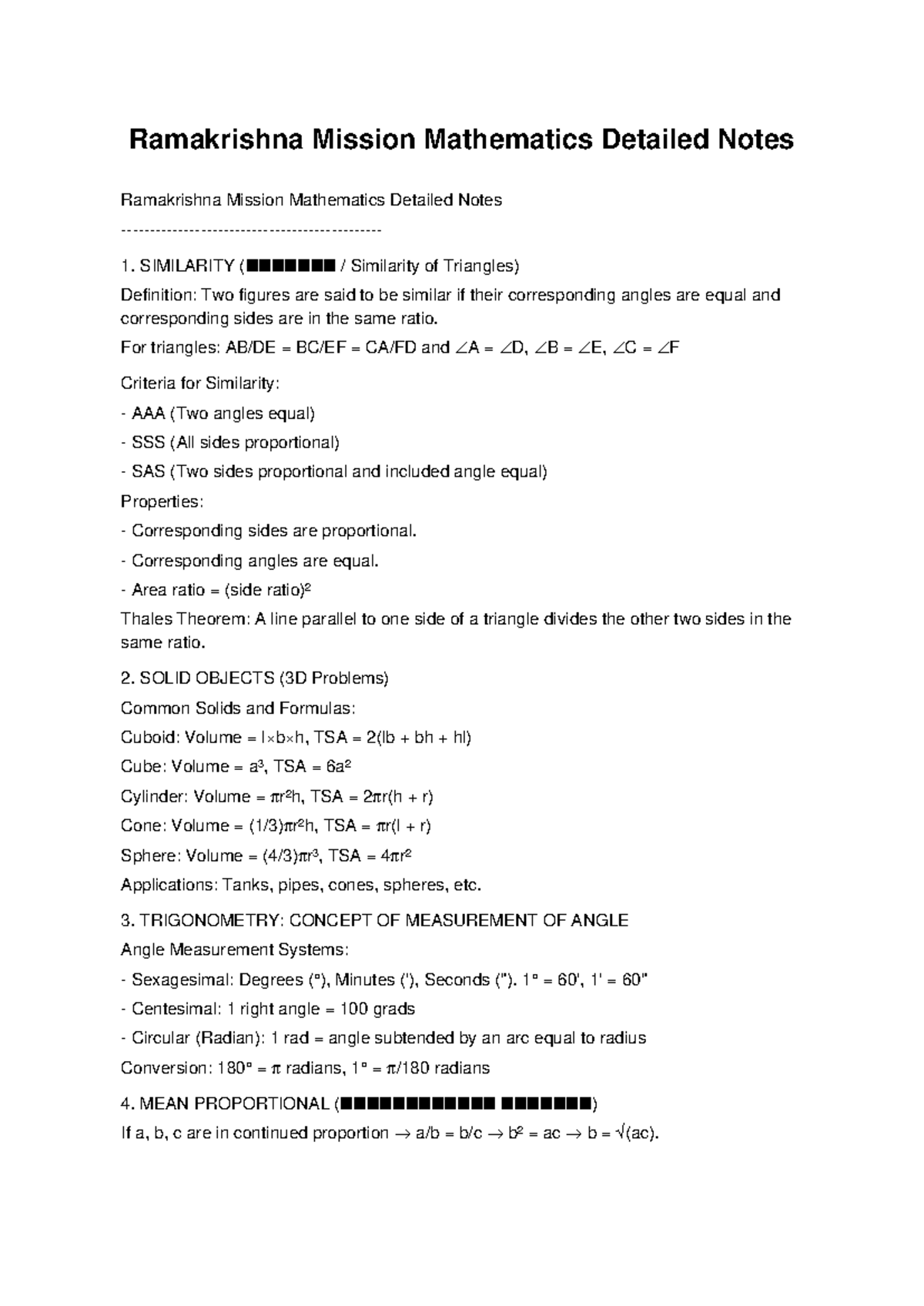 RKM Math Detailed Notes: Similarity, Solids & Trigonometry Concepts ...