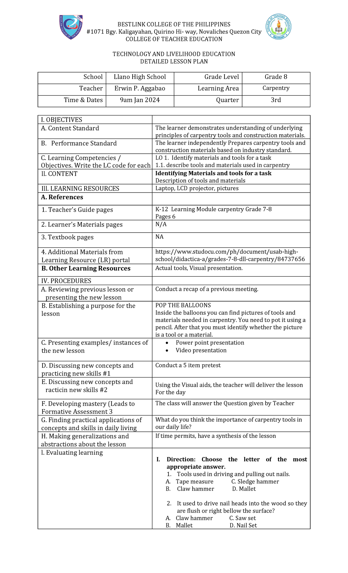 Detailed Lesson Plan for Carpentry (Grade 8) - Tools & Materials - Studocu