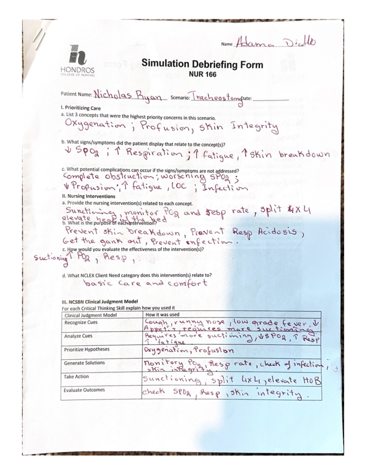 HONDROS NUR 166 Final Simulation Debriefing: Tracheostomy Case Study ...