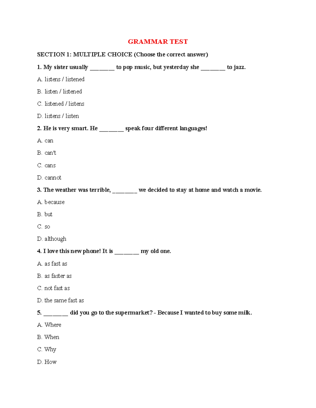 Grammar TEST - Present Simple & Past Simple Practice - Studocu