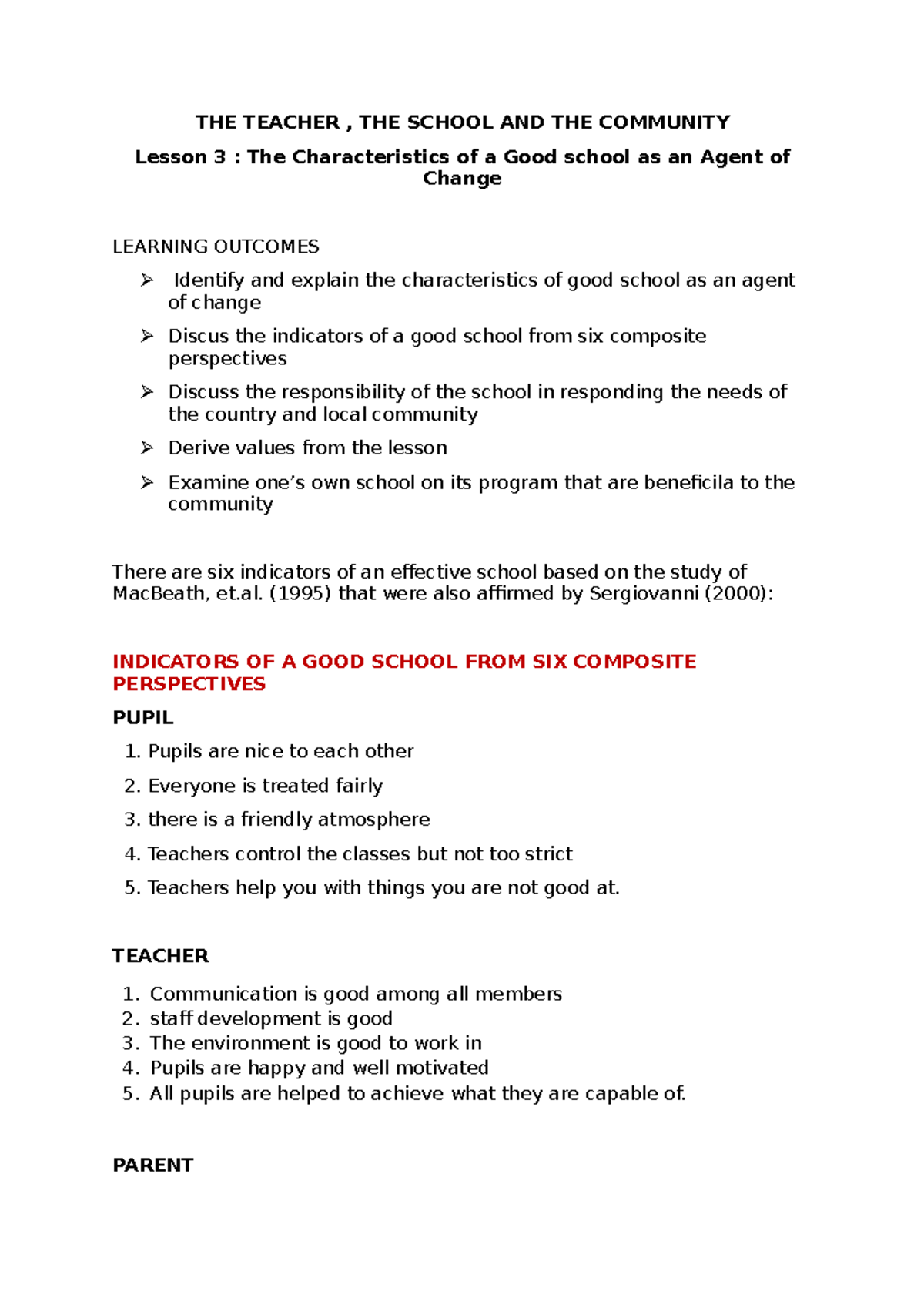 Lesson 3 The Characteristics of a Good school as an Agent of Change ...