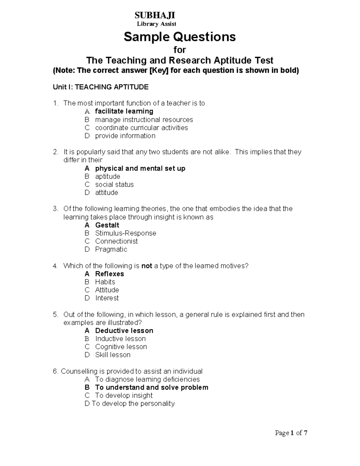Teaching and Research Aptitude Test Sample Questions (TRAT 101) - Studocu