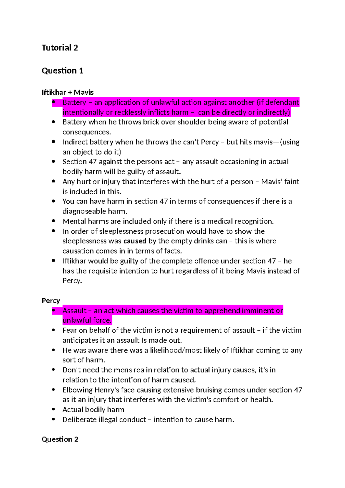 Tutorial 2: Legal Analysis of Battery and Assault under Section 47 ...
