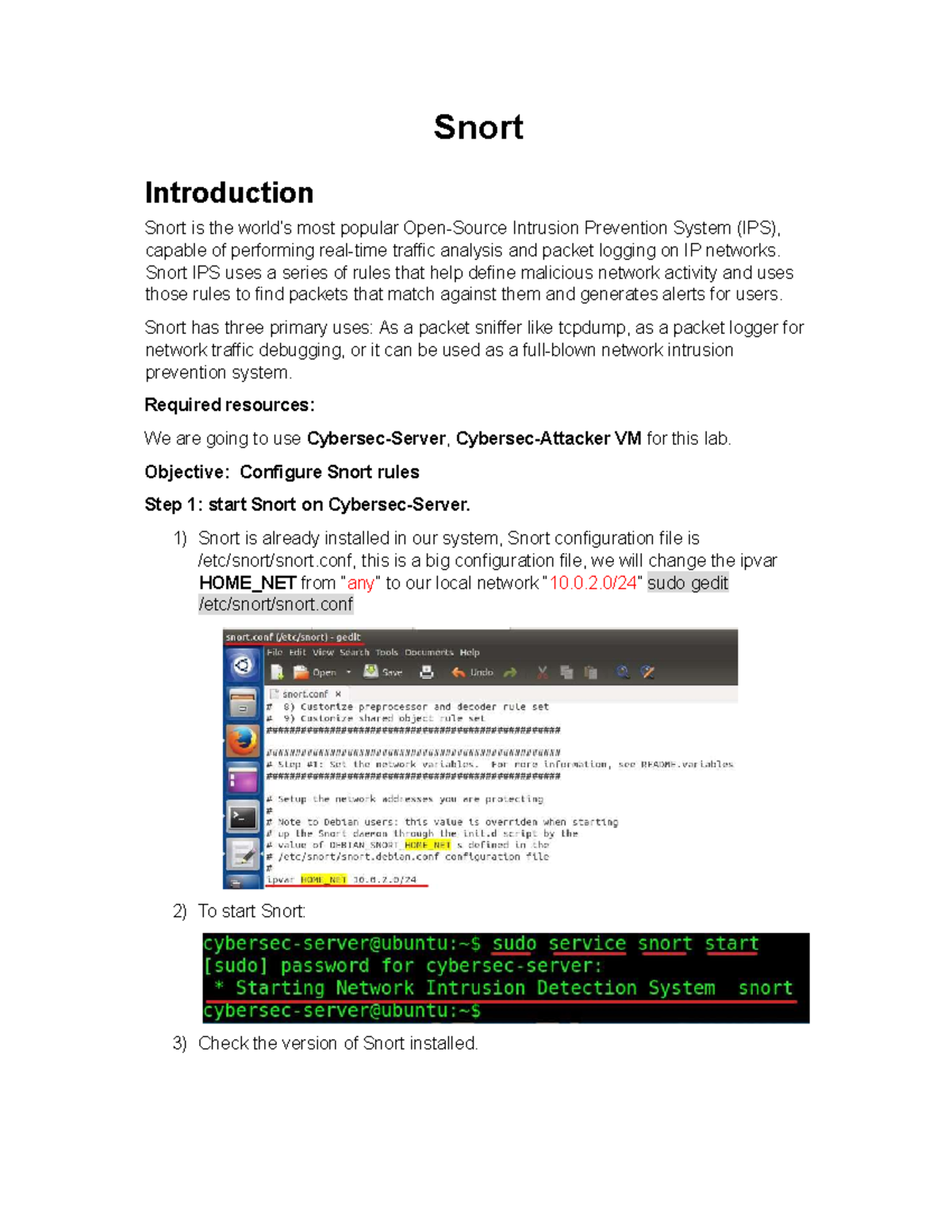 Week 7 Lab 6 - Snort Configuration and Intrusion Alerts Guide - Studocu