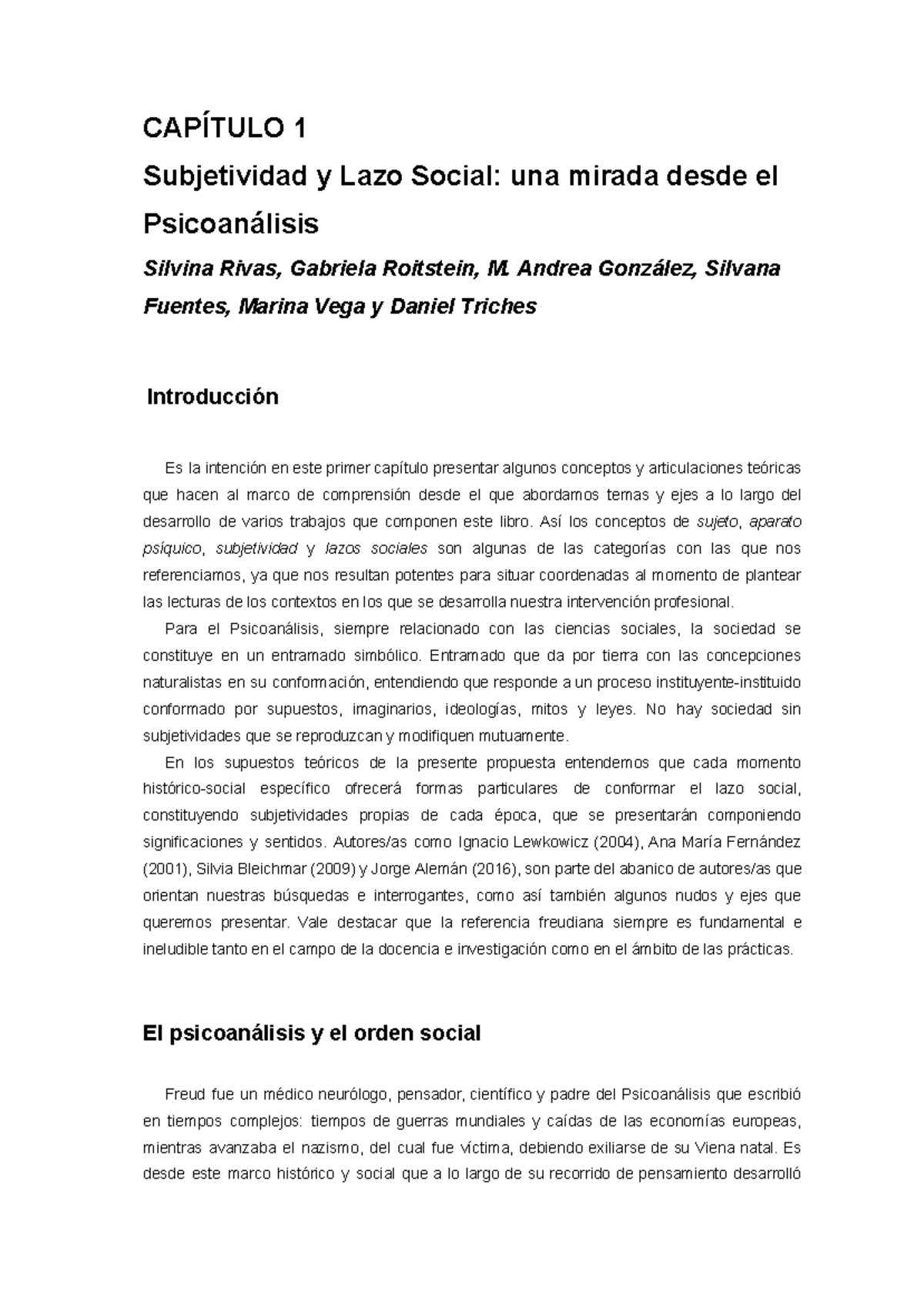 CAPÍTULO 1: Subjetividad y Lazo Social en el Psicoanálisis - Studocu