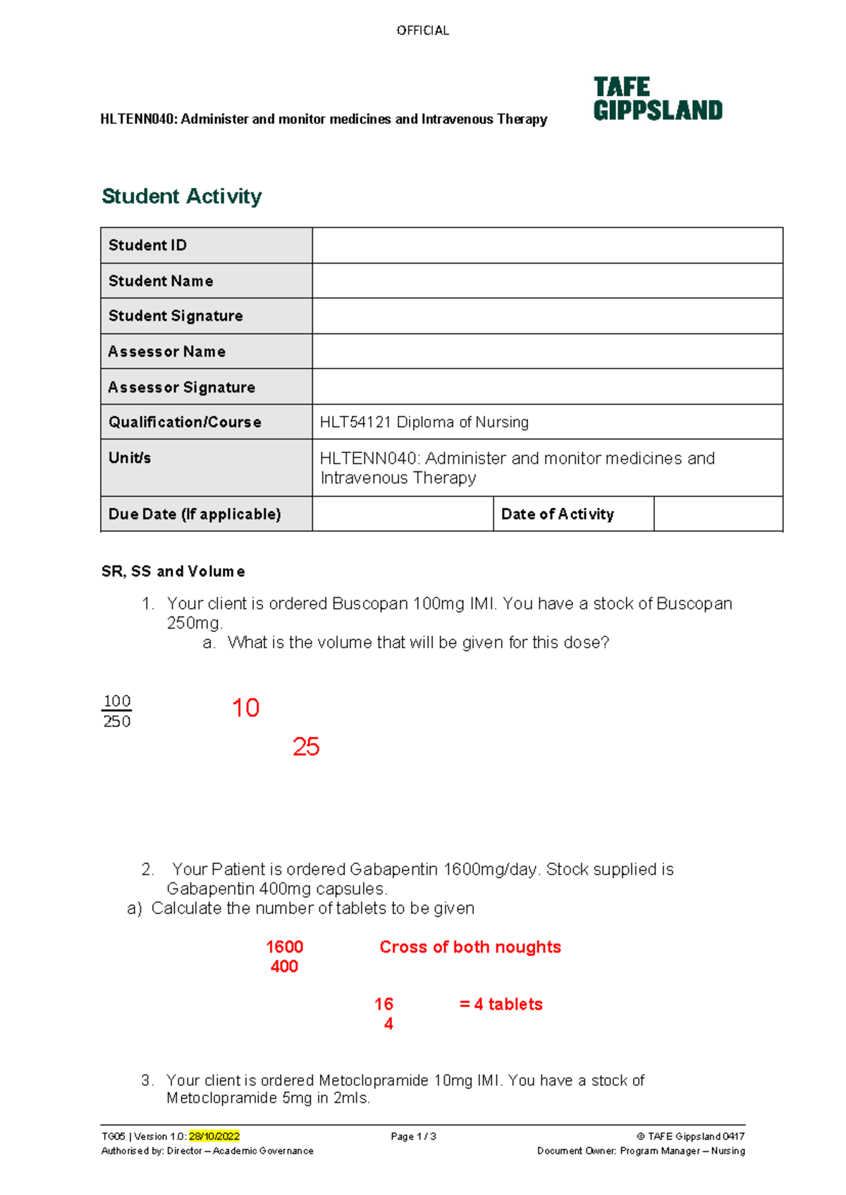 HLTENN040: SR, SS and Volume Worksheet Answers for Nursing Students ...