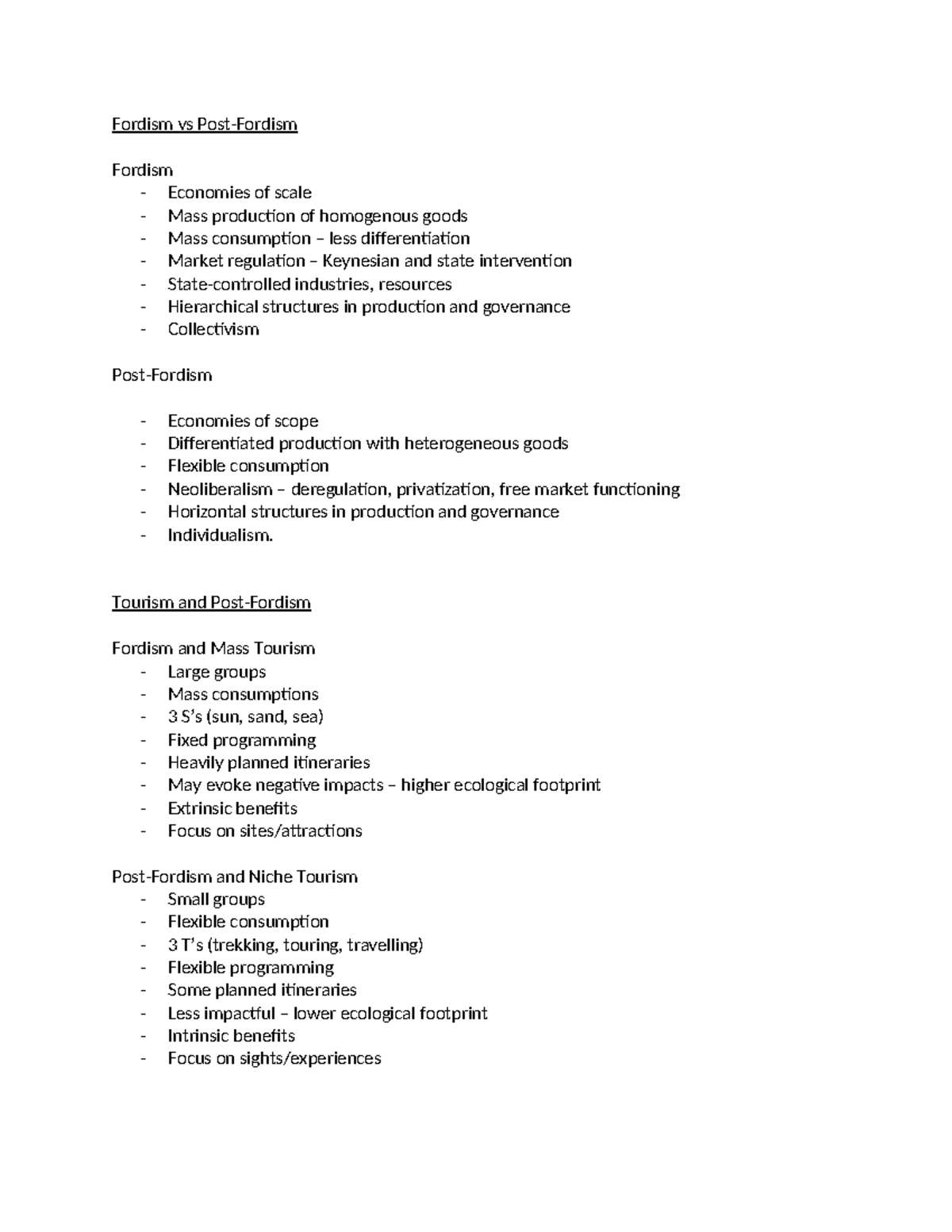 ES295 Lecture Notes on Fordism and Post-Fordism in Tourism - Studocu