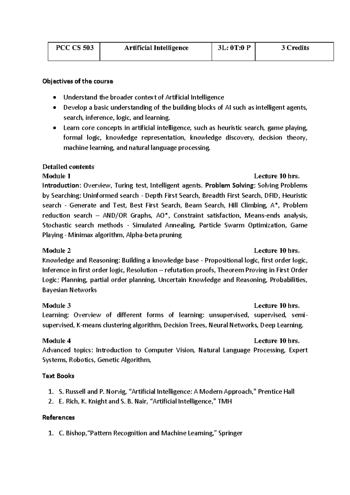 PCC CS 503 AI Syllabus: Comprehensive Course Overview and Schedule - Studocu