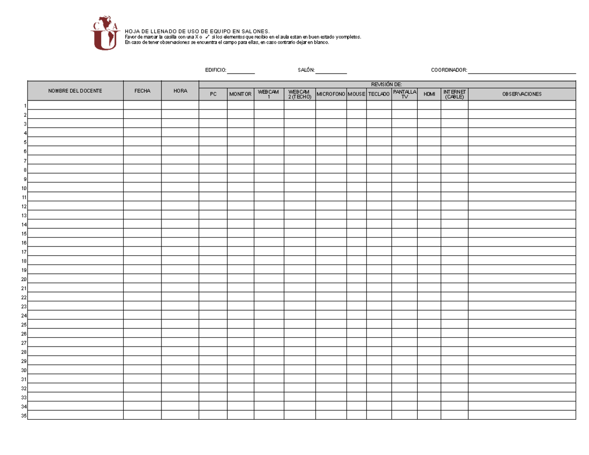 Bitacora de- HOJA DE Aulas - HOJA DE LLENADO DE USO DE EQUIPO EN ...
