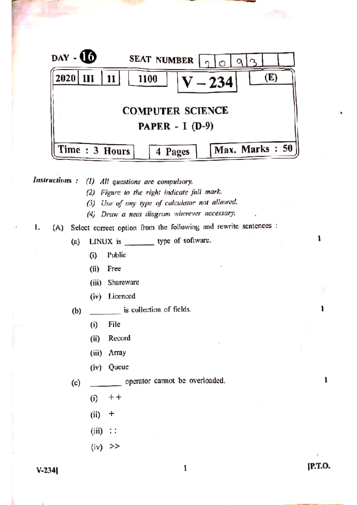 CS Paper I - March 2020 - Computer Science Exam (Seat No. 2093) - Studocu