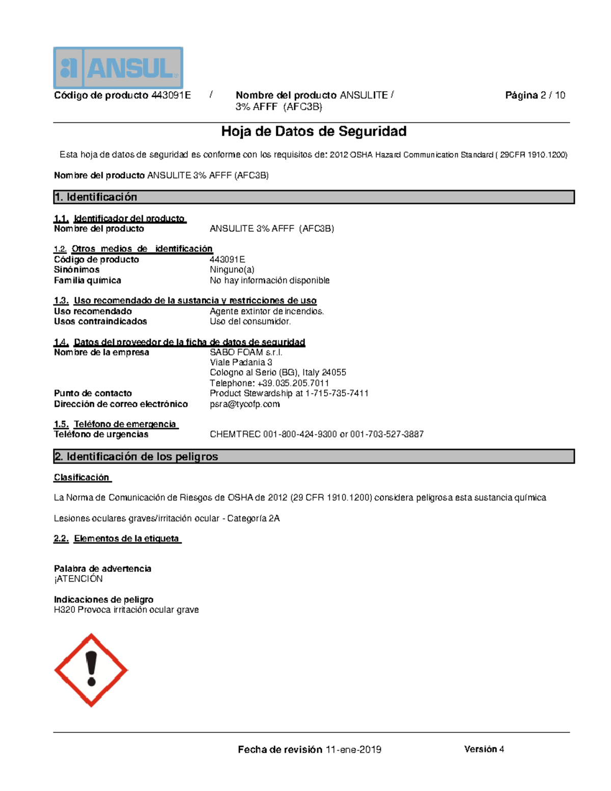 1. FDS- Ansulite 3% AFFF - 3% AFFF (AFC3B) Hoja de Datos de Seguridad ...