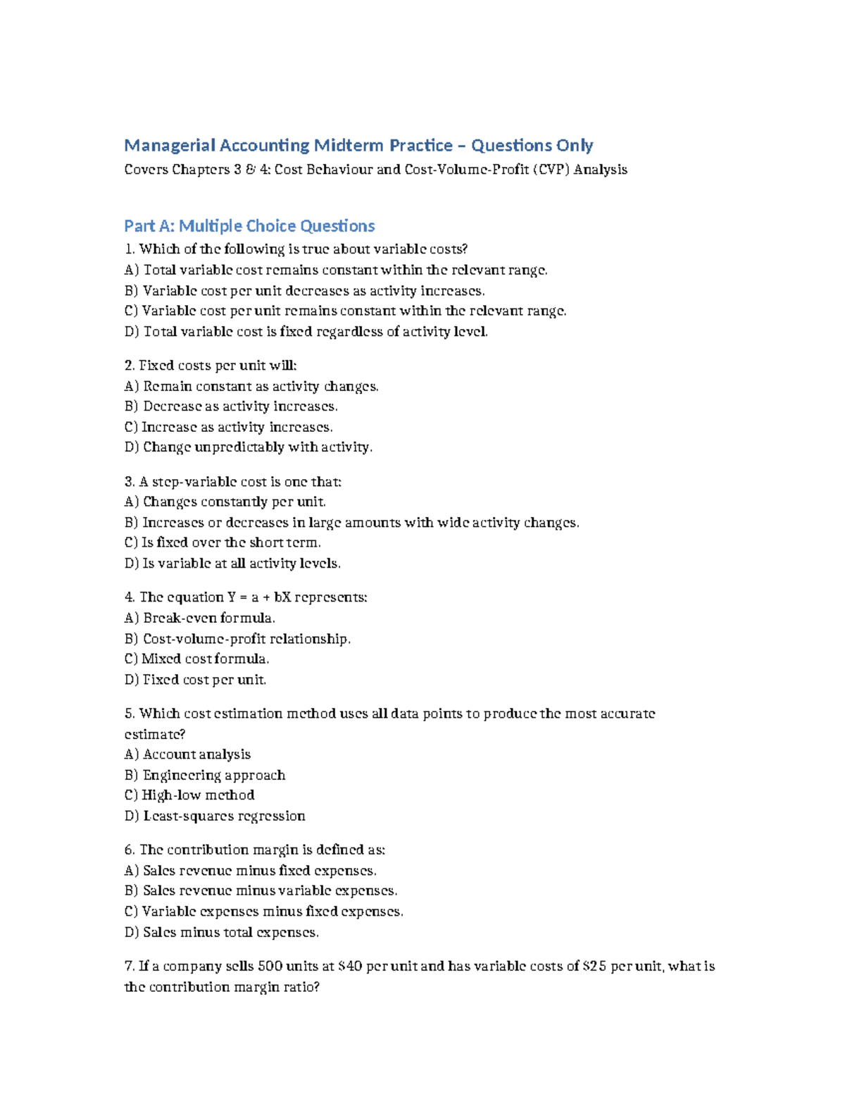 Managerial Accounting (ACCT 301) Midterm Practice Questions: Chapters 3 ...