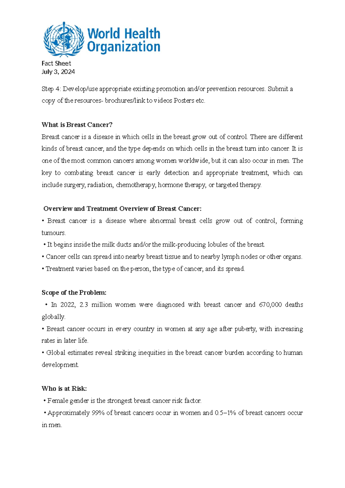 Breast Cancer Fact Sheet: Key Info & Resources (July 3, 2024) - Studocu