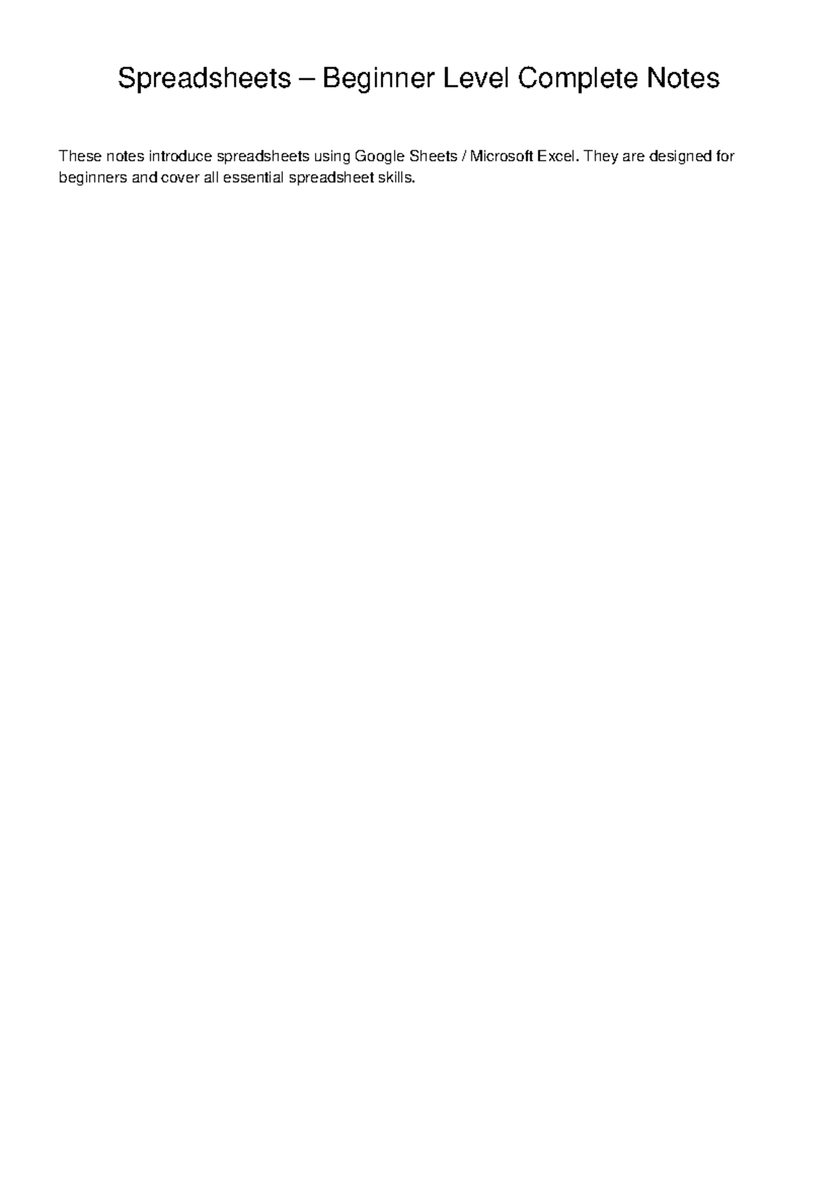 Spreadsheets Beginner Level: Complete Notes for Google Sheets & Excel ...