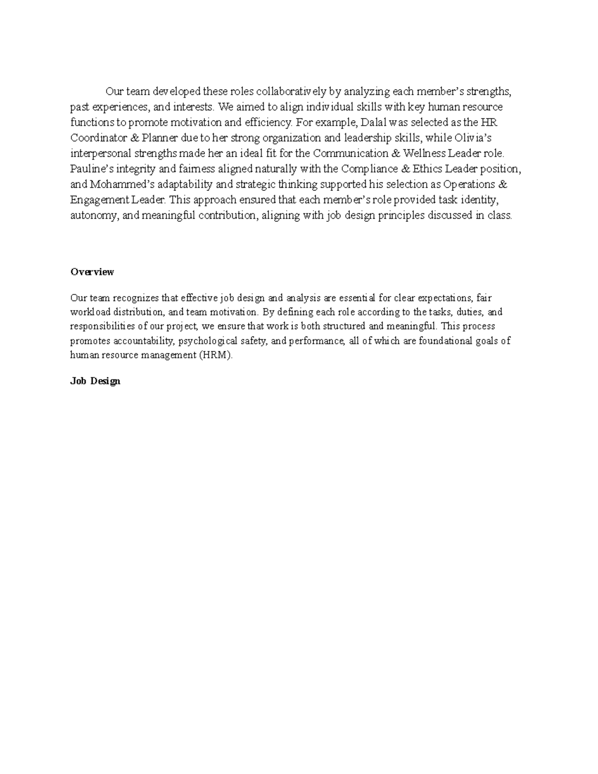 HRM 101: Job Design and Role Allocation in Group Project - Studocu