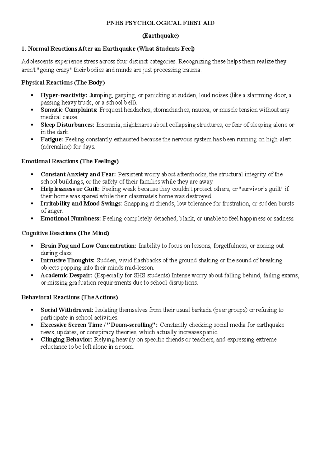 PNHS Psychological First Aid: Coping with Earthquake Trauma - Studocu