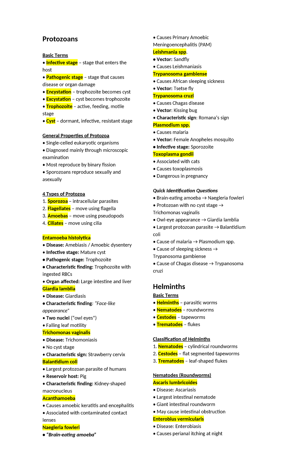 Protozoans and Helminths: Key Terms and Pathogenic Insights - Studocu