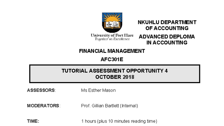 AFC301E Financial Management Tutorial Assessment Opportunity 4 ...